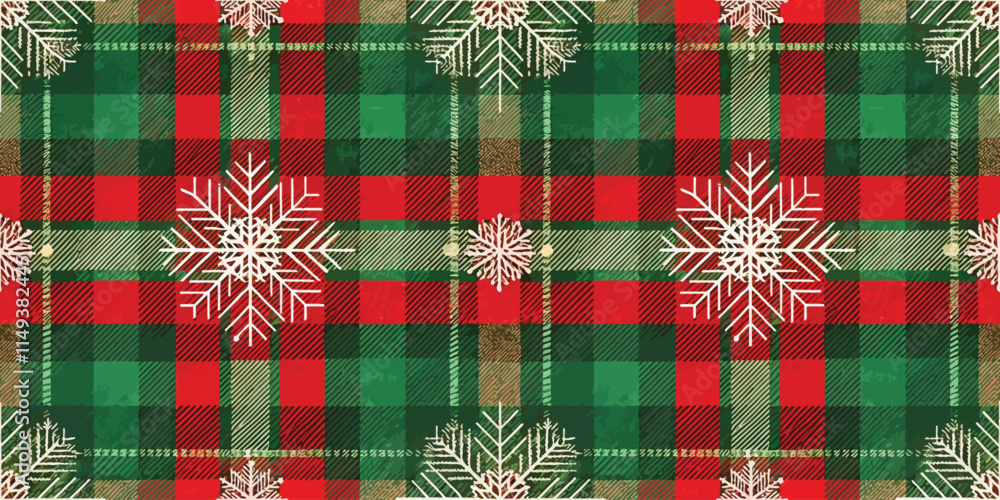 A festive red and green plaid pattern adorned with snowflakes, perfect ...