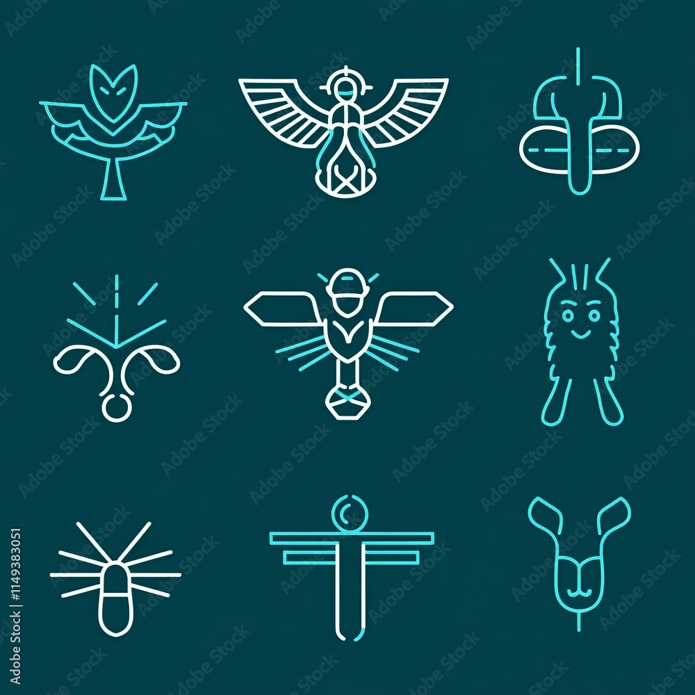 Nine Symbolic Line Art Designs Creatures, Symbols, and Figures Stock ...