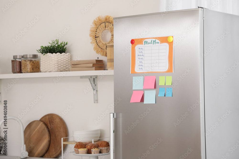 Fridge with sticky notes and meal plan in modern kitchen Stock Photo ...