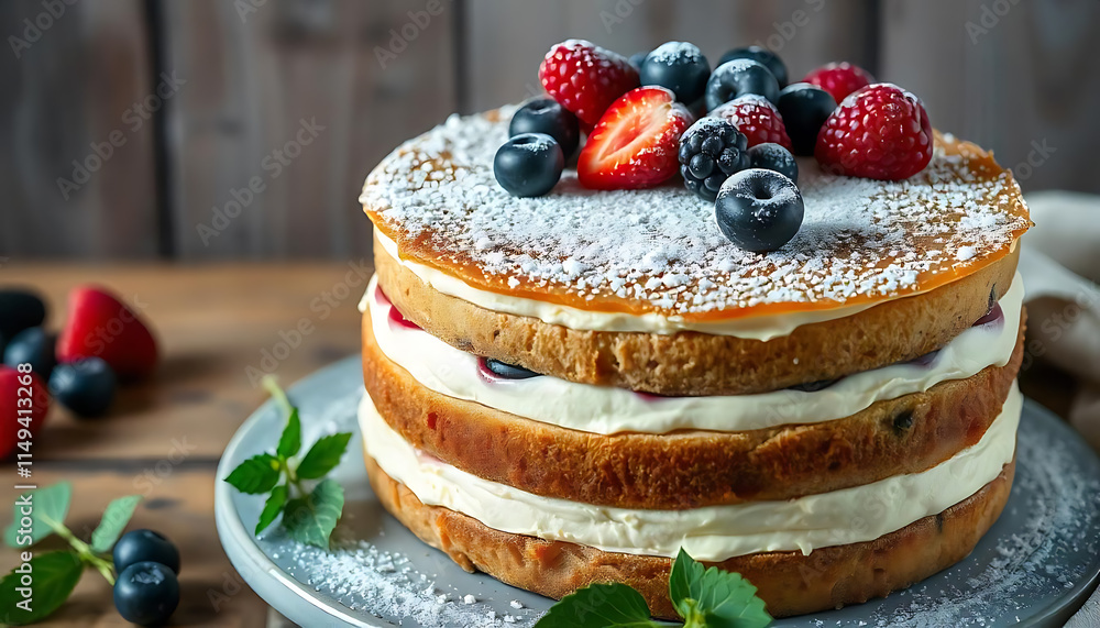 A rustic naked cake with visible layers of sponge and cream, topped ...