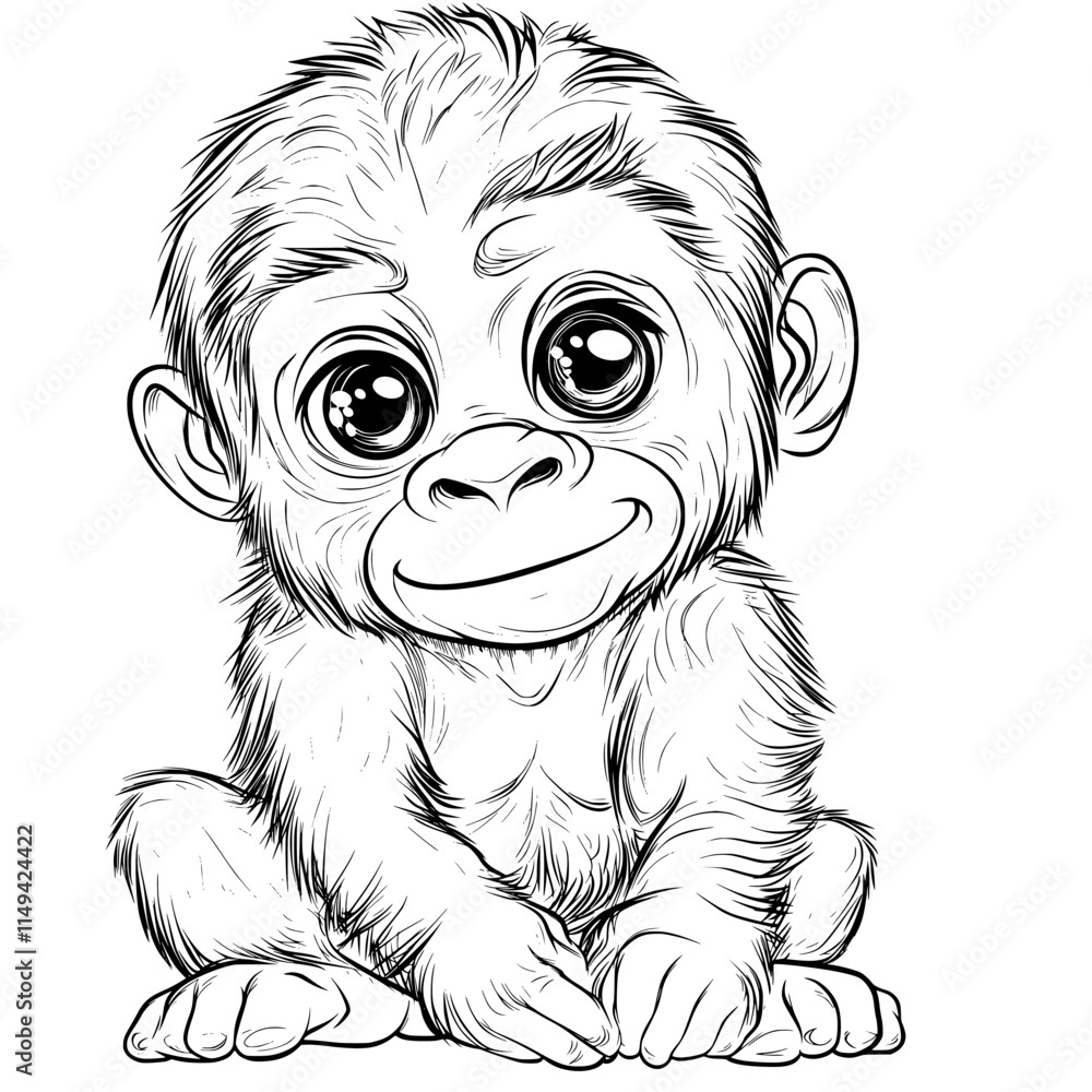 Cute smiley gorilla coloring page for kids & adults simple details ...