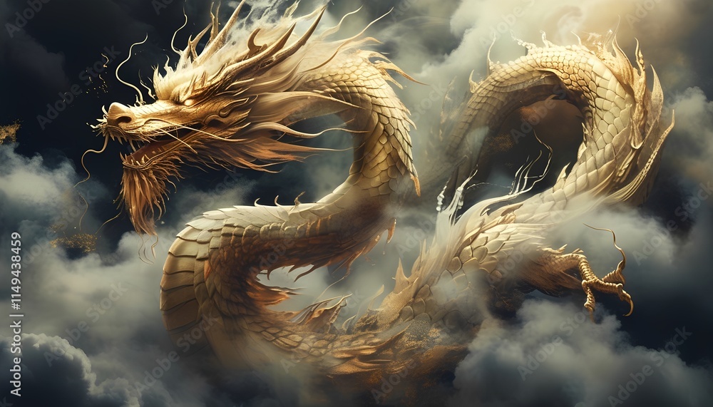 A majestic golden dragon soars through a swirling cloud of smoke, its ...