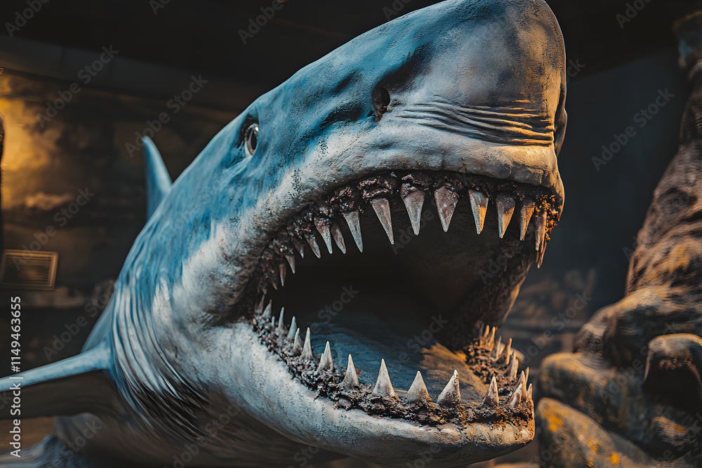 Megalodon shark fossil with massive sharp teeth, a prehistoric ocean predator. Scary deep-sea ...