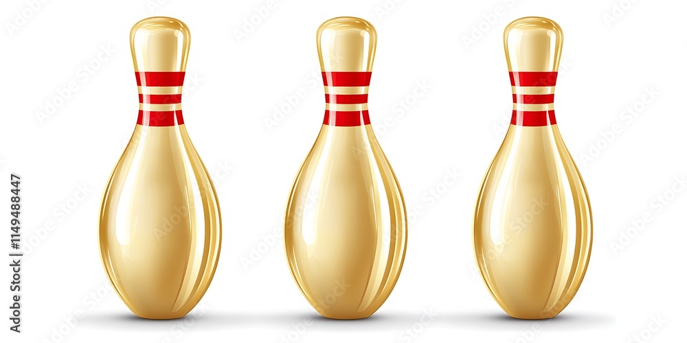 Three shiny golden bowling pins with red stripes, front view, white ...