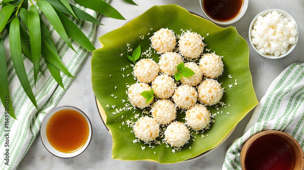 Khao Nom Tom Traditional Sweet Coconut Sticky Rice Balls Coated in ...