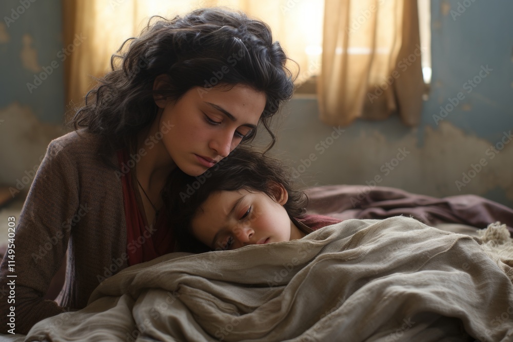 Healthcare problems in underdeveloped countries. Mother at the bedside ...