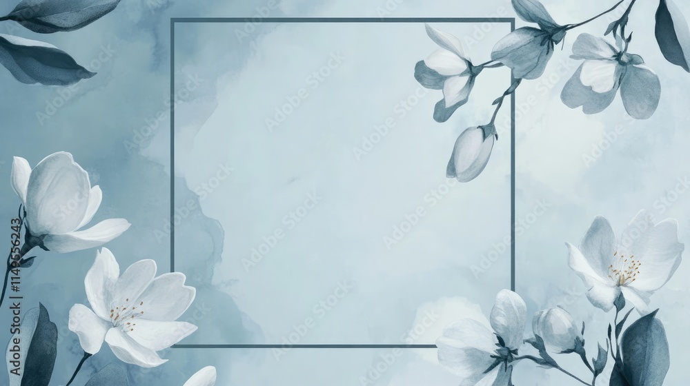 Watercolor hand painted style rectangle frame with spring white flowers ...
