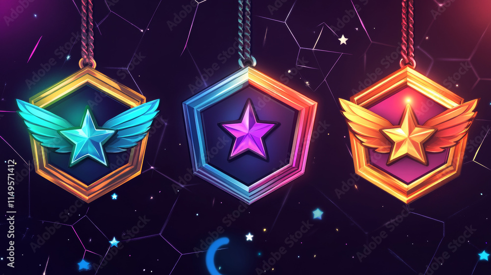 Game award badges, icons of ranking medals with star symbol. Winner ...
