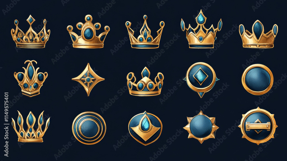 Medieval game button animation sprite with crown cartoon vector set. 2d ...