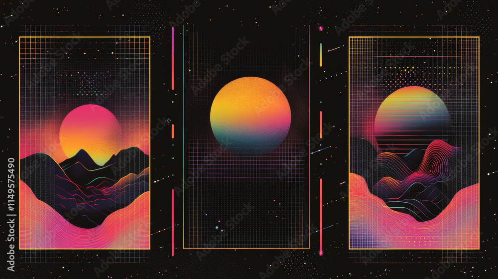 Poster in y2k trendy style with holographic frames, grid and tribal ...