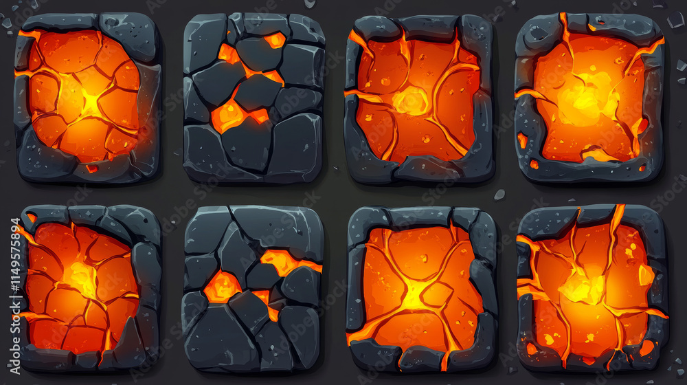 Lava game buttons animation set. Vector cartoon illustration of stone ...