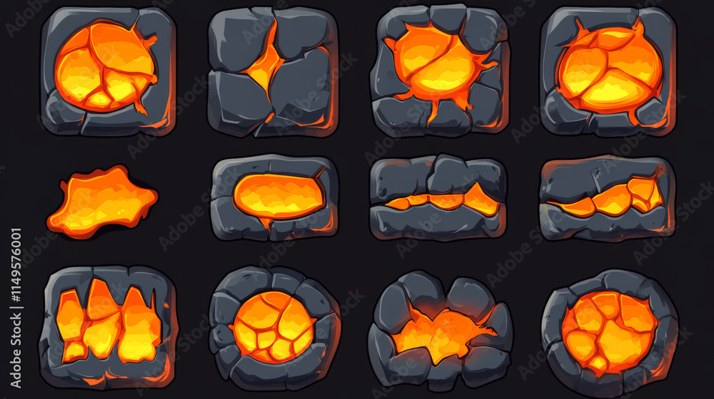 Lava game buttons animation set. Vector cartoon illustration of stone frames with orange cracks ...
