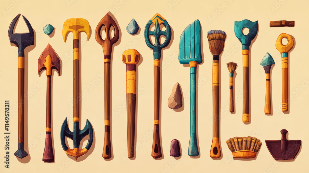 Excavation tools set of cartoon vector illustrations. Collection of ...