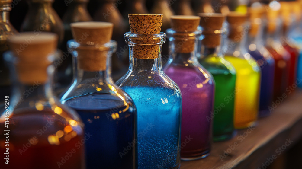 Witches elixirs, magic potions in glass bottles with corks and tags ...