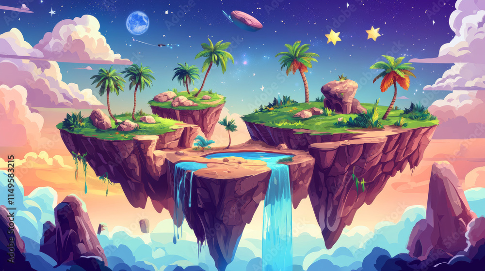 Arcade game levels map with floating islands on sky background. Vector ...