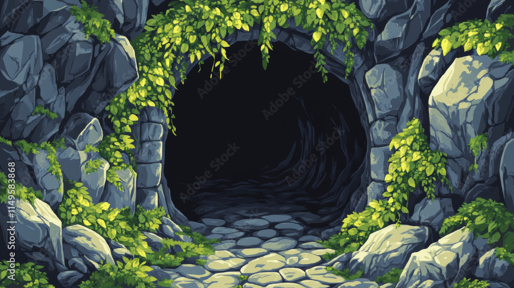 Cartoon cave background, stone tunnel frame with green moss and lianas ...