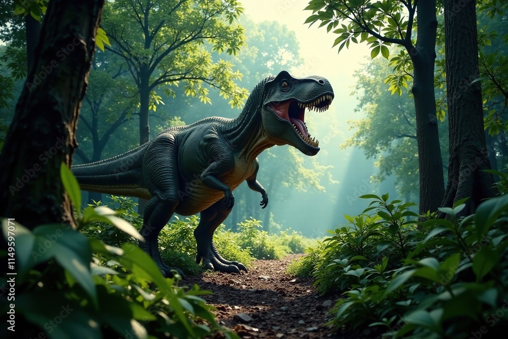 Prehistoric forest with a Tyrannosaurus Rex in the distance roaring ...