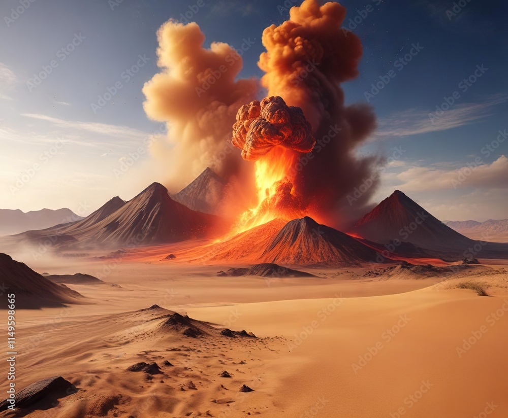 Volcanic eruption with sand and dust cloud rising from a desert ...