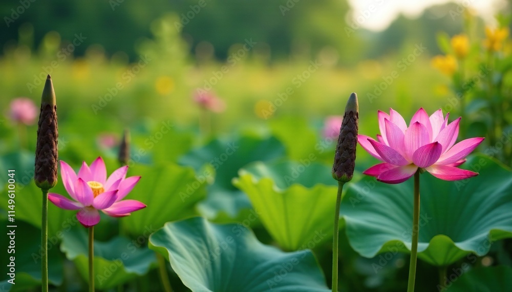 Blooming water lotus flowers and cattails growing together in the ...
