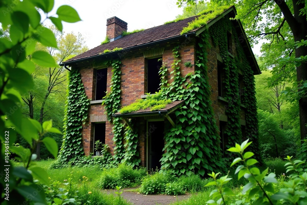 Weeds and vines wrapping around a three-story brick building, greenery ...