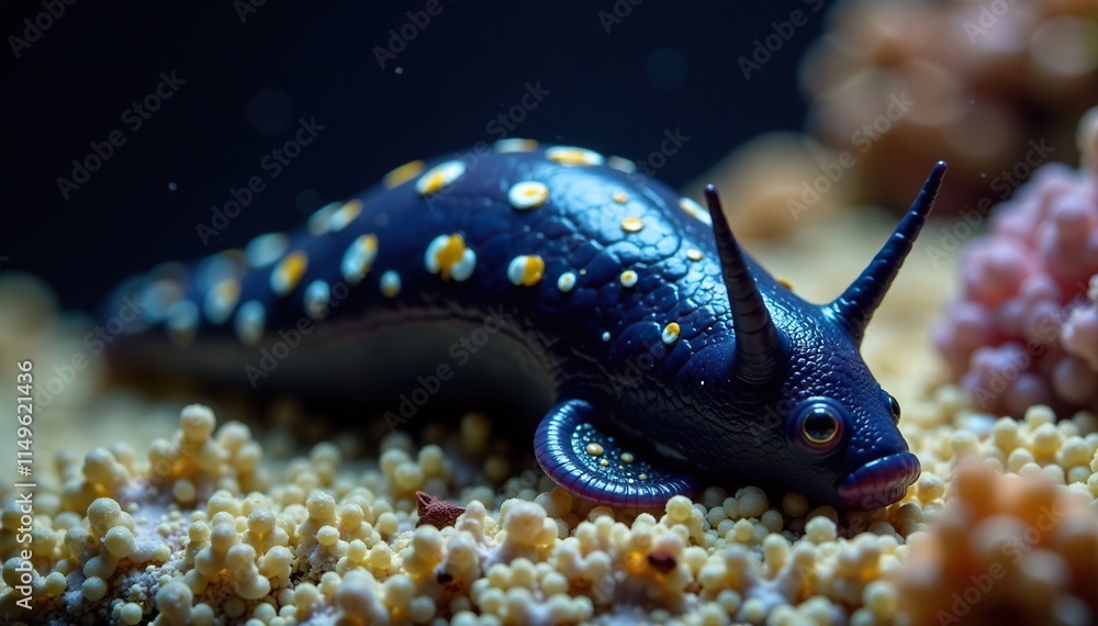 Dark blue sea slug with yellowish-brown coloration and white spots ...