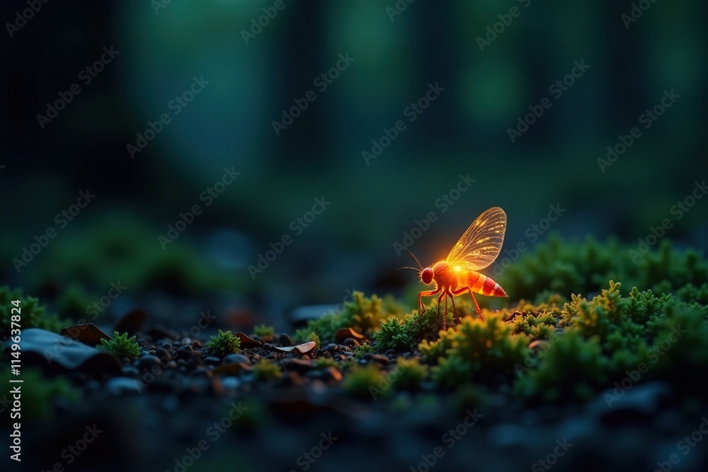 Glowing light of a firefly illuminating forest floor, natural world ...