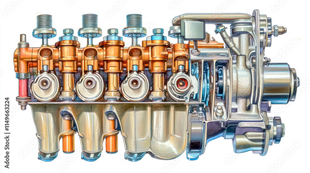 Combustion engine in cross section showing complex internal mechanisms ...