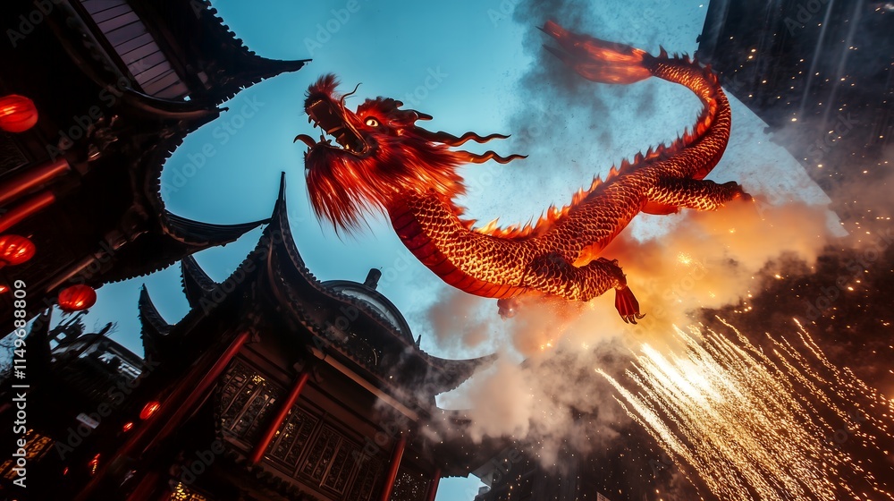 Celebrating Chinese New Year's Eve with a giant red dragon, fireworks ...