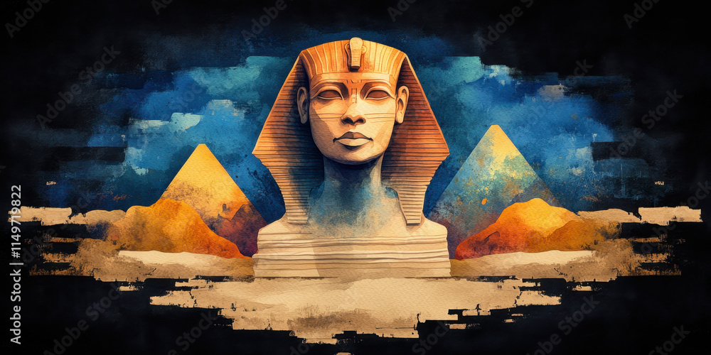 Egypt style art, A stylized depiction of a pharaoh's head with pyramids ...