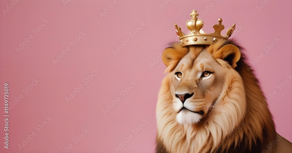 Lion with a golden crown on its head, set against a pink background ...