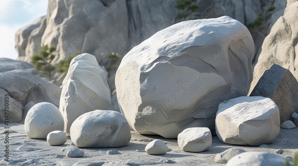 A collection of limestone boulders of various sizes, featuring smooth ...