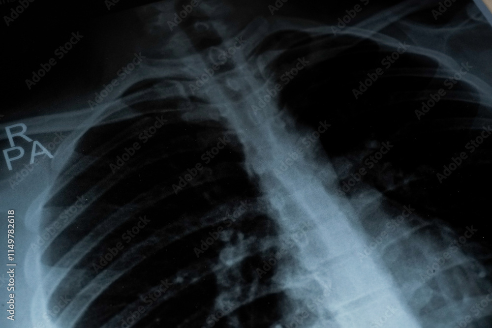 X-ray image of an adult male sternum. Radiography or medical imaging ...