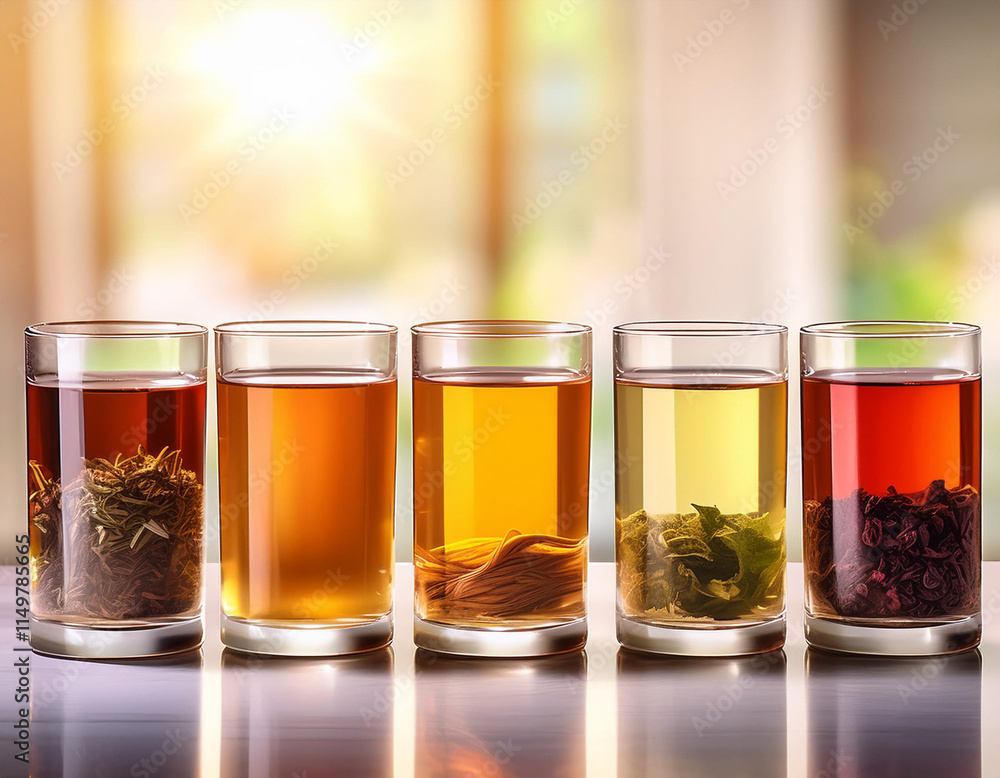 A lineup of various types of teas in clear glasses, showing the ...