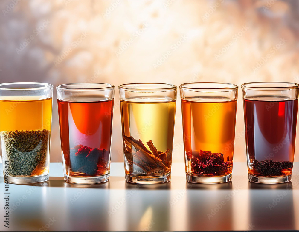 A lineup of various types of teas in clear glasses, showing the ...