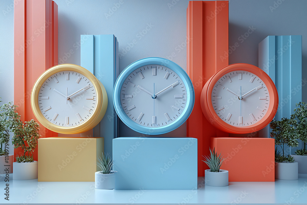 3D rendering of a clock icon with floating hands showing different ...