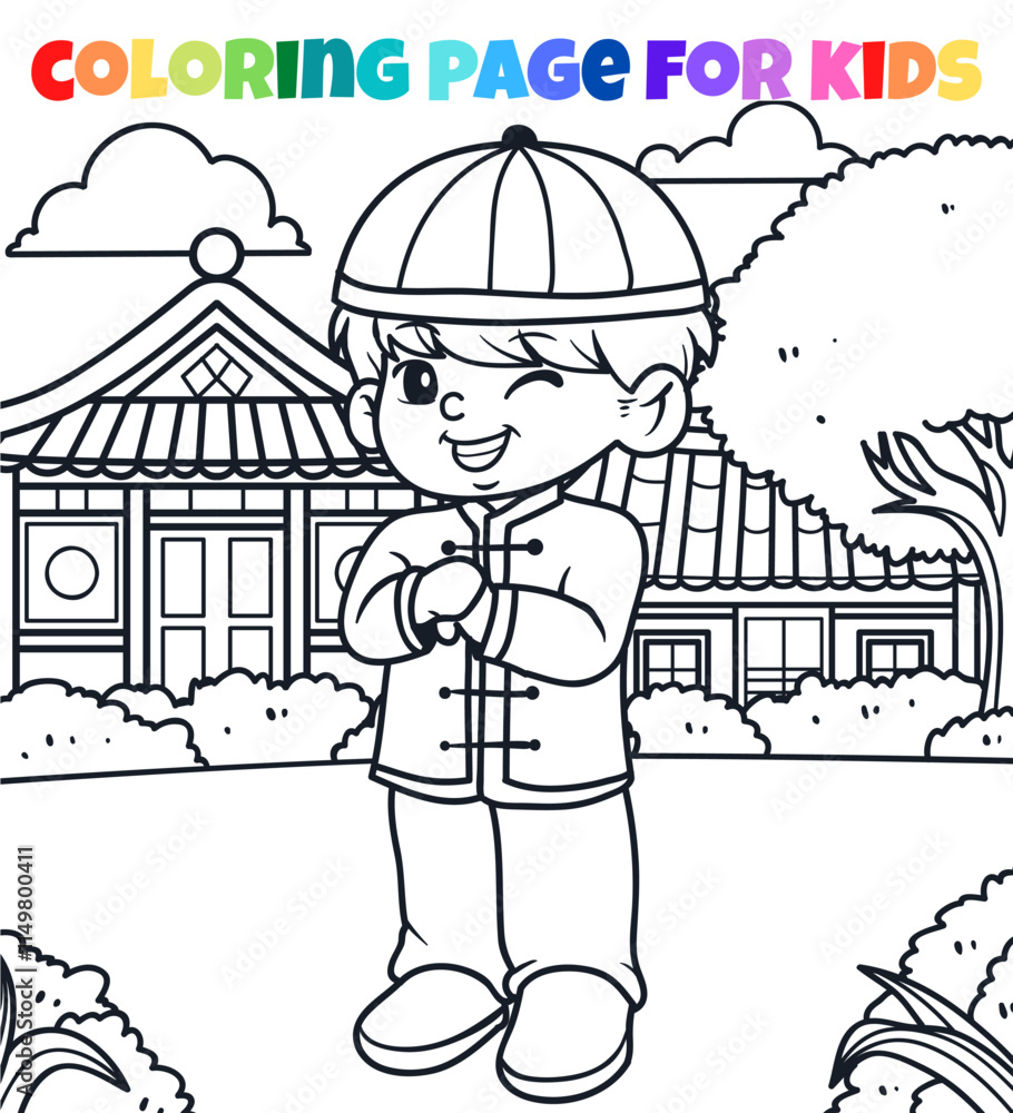 Cute chinese boy outline coloring page vector illustration Stock Vector ...