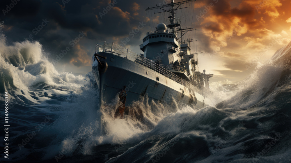 naval ship plows through towering ocean waves under a dramatic sunset ...