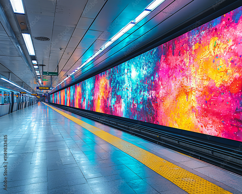 Digital billboard in a bustling train station, high-tech animated ...