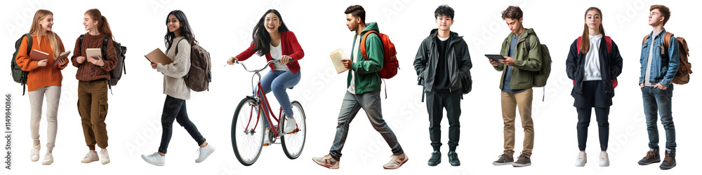 PNG Diverse students commuting outdoors, element set on transparent ...