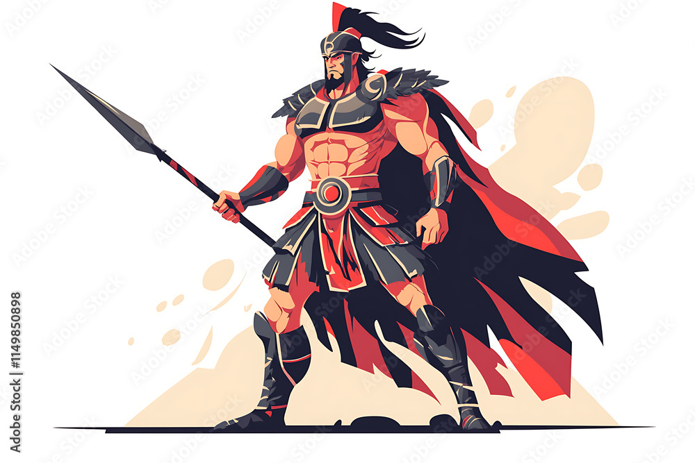 Ares, the Greek god of war, depicted in armor, wielding a spear ...