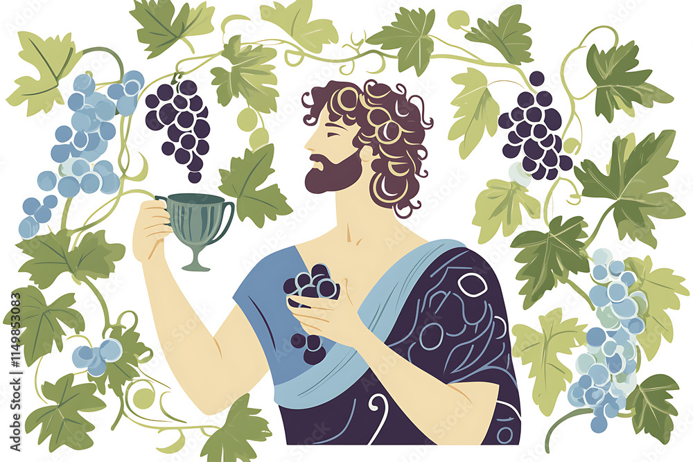 Dionysus, the Greek god of wine, revelry, and theater, depicted in a ...