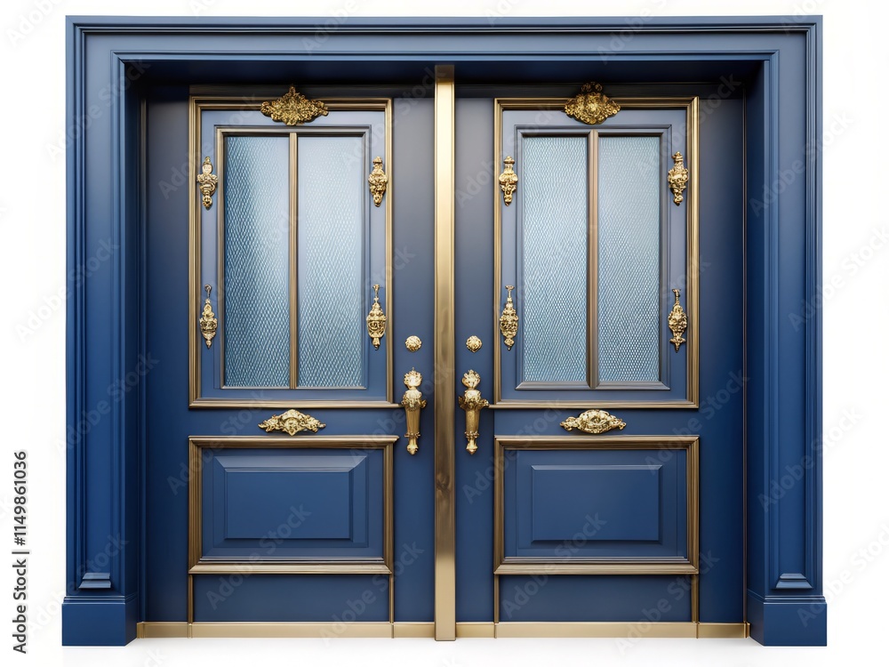 Elegant Navy Blue Double Door with Frosted Glass and Gold Accents ...
