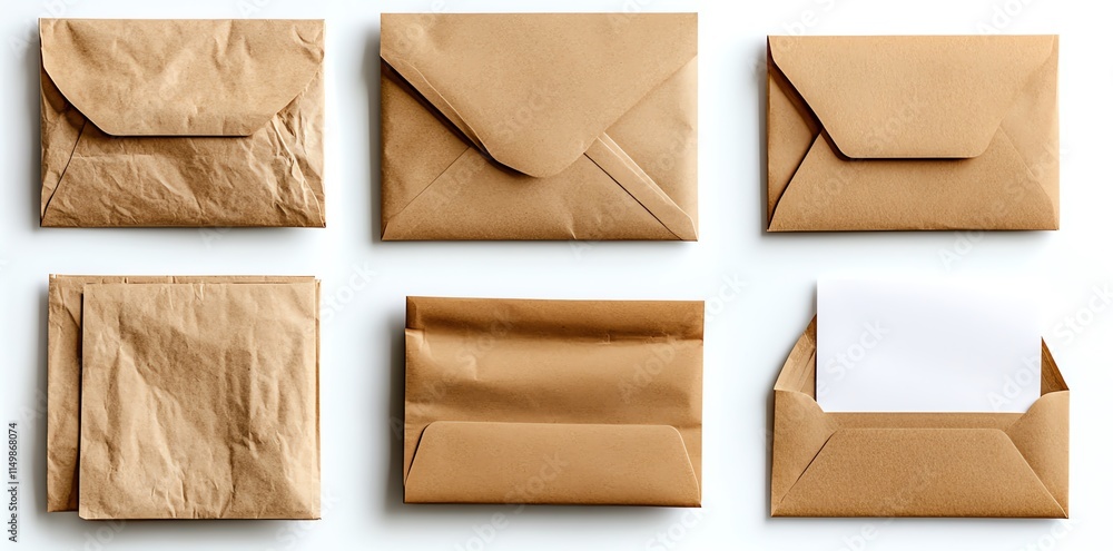 Six brown paper envelopes on a white background, some are open and one ...