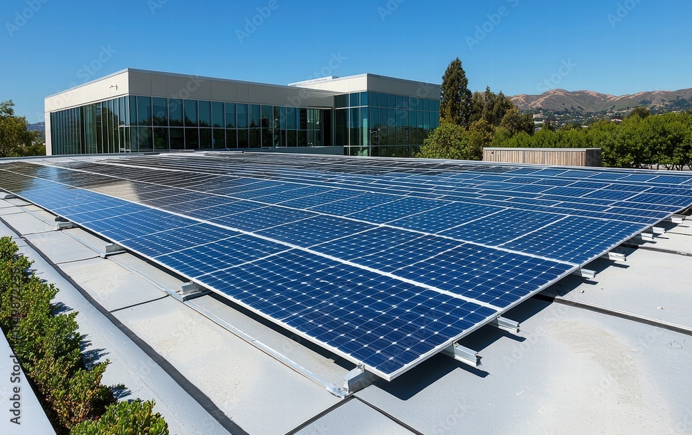 Solar panels on a slanted rooftop of a contemporary home with clean ...