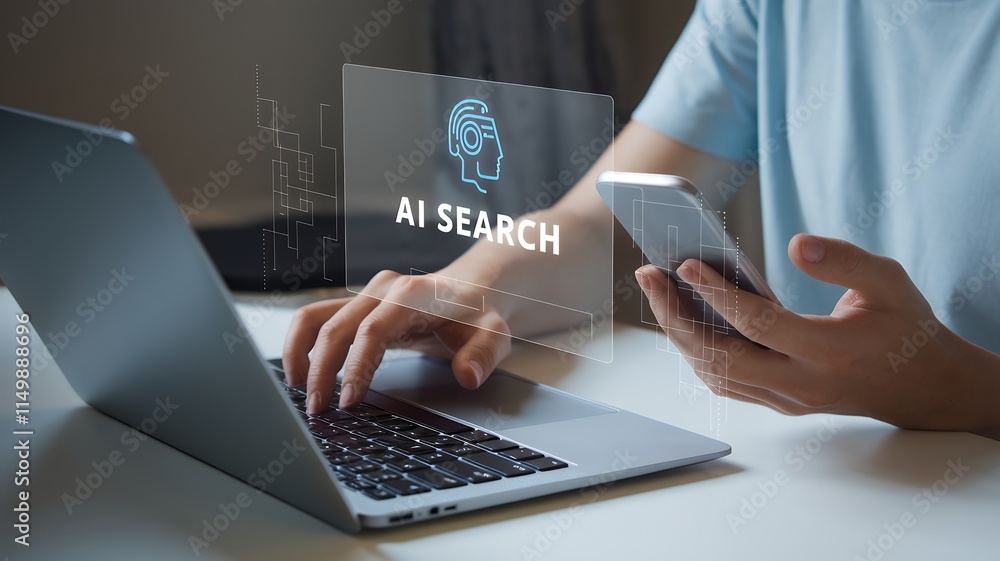 Man using smartphone and laptop with AI search engine for data optimization via artificial ...
