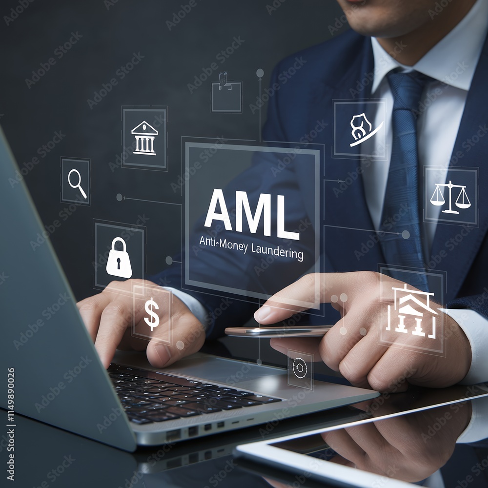 Businessman using laptop, AML anti-money laundering financial concept ...