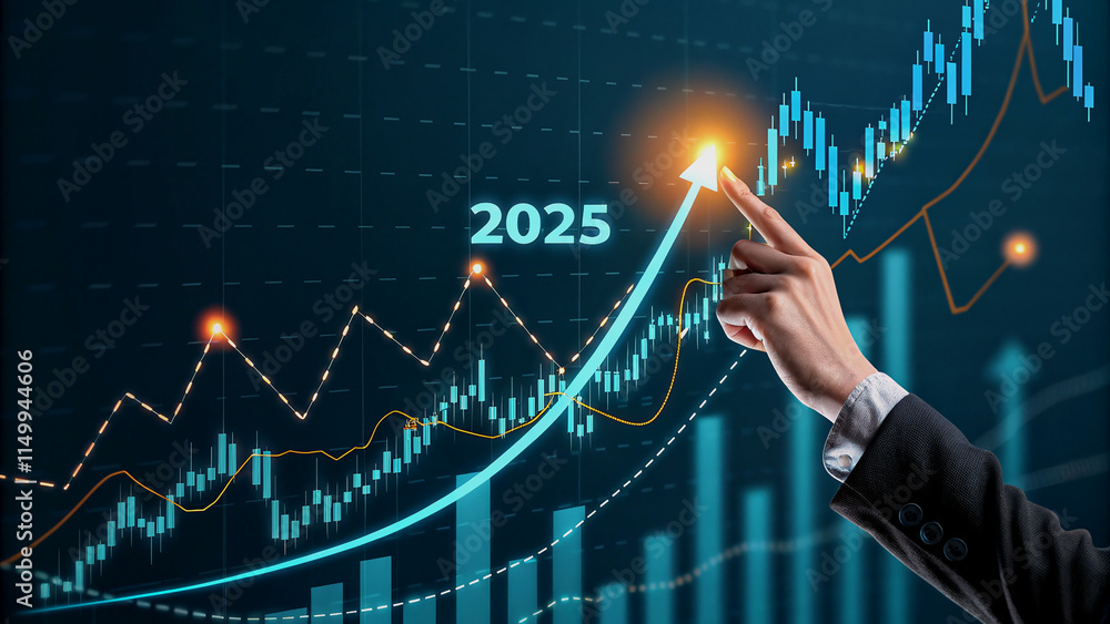 hand pointing towards the year 2025 on a futuristic digital display, with a graph and arrows ...