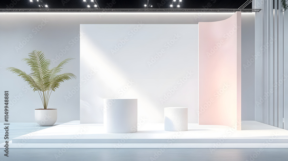 3d trade event mockup. White display booth stand. Empty fair wall and ...