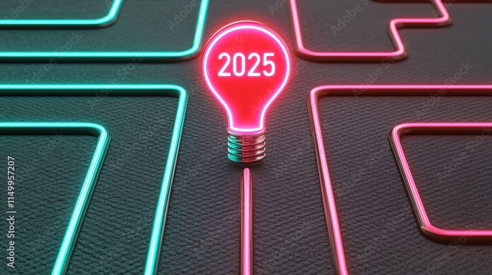 2025 goal setting planning and objectives. Neon light bulb with "2025 ...