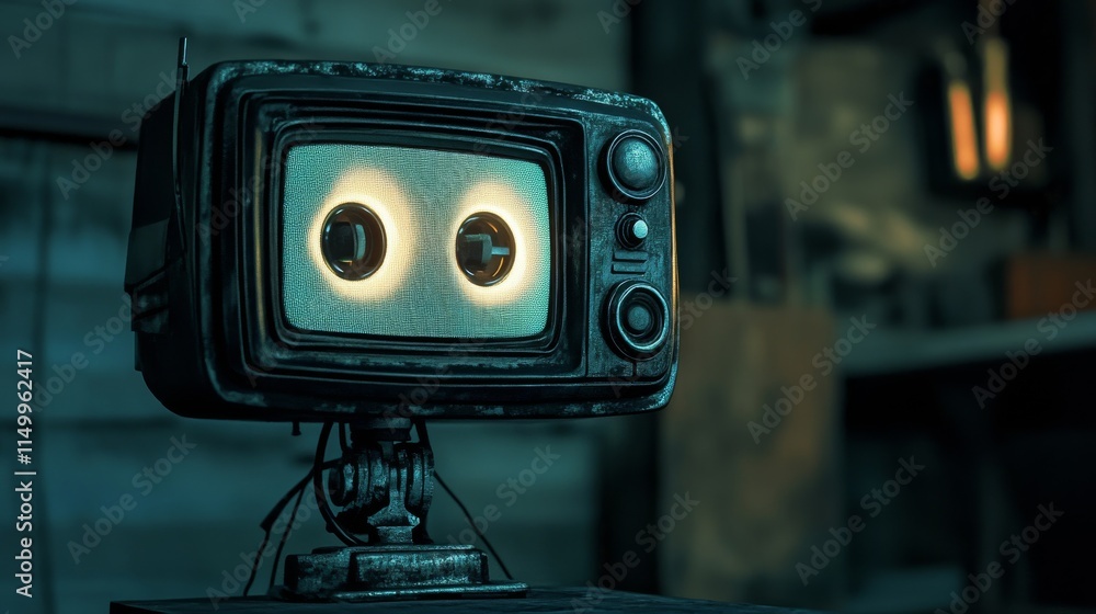A vintage television screen modified to display glowing, eye-like ...